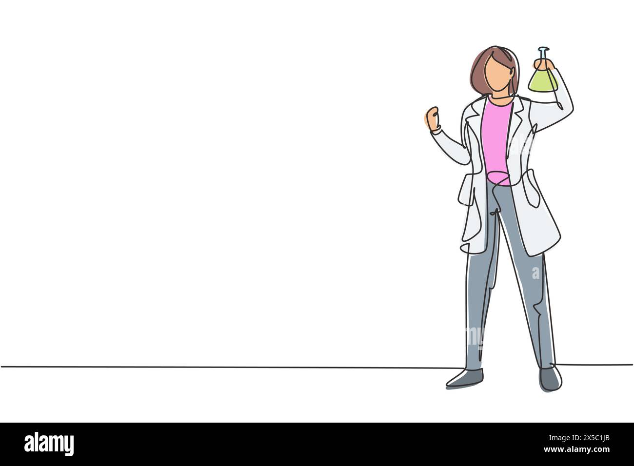 Continuous one line drawing female scientist stands with celebrate ...
