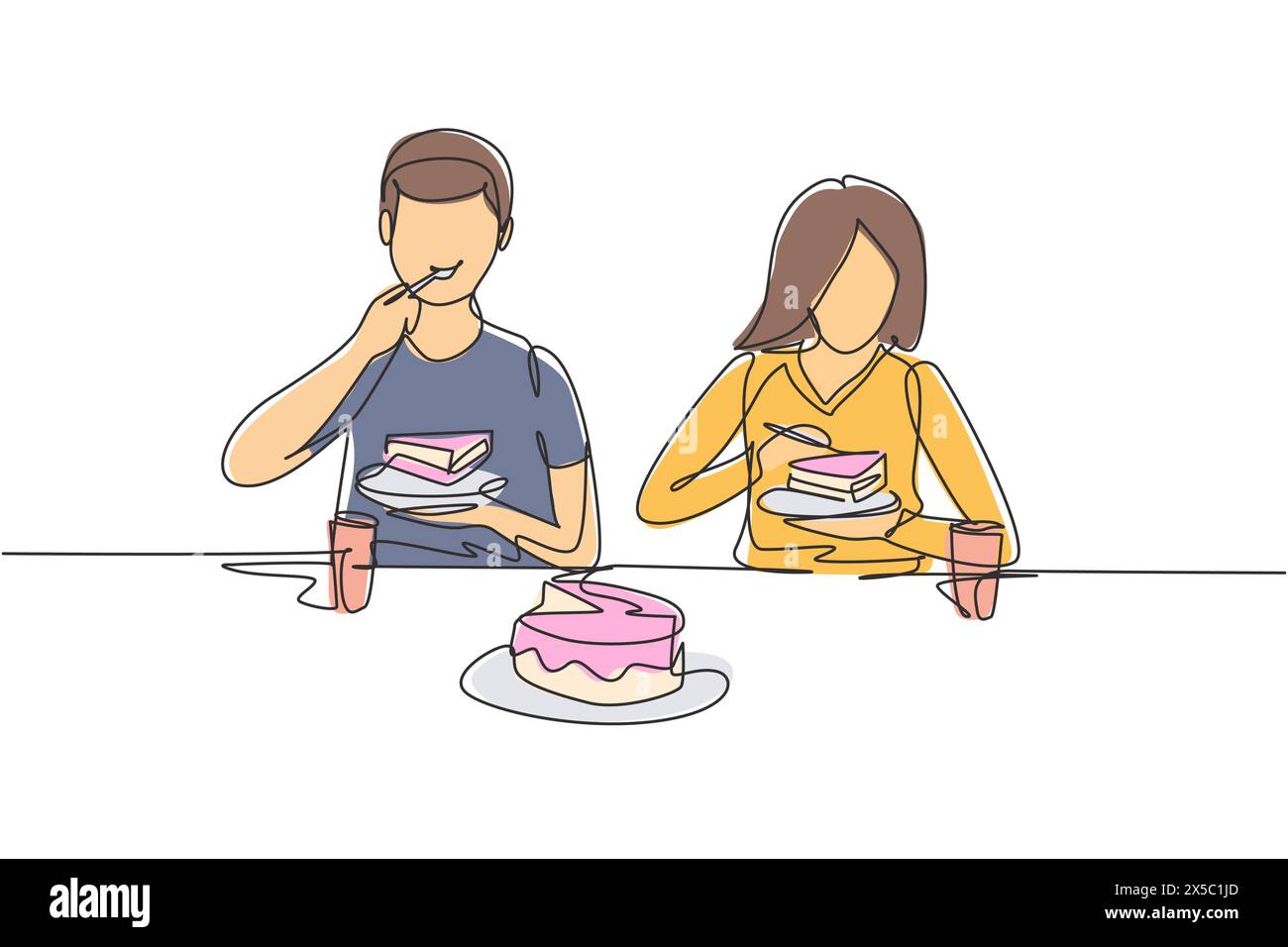 Single continuous line drawing young couple husband and wife having ...