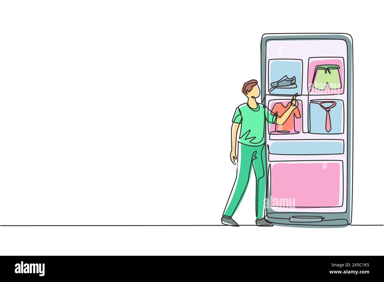 Single one line drawing young man choosing shopping items on a giant ...