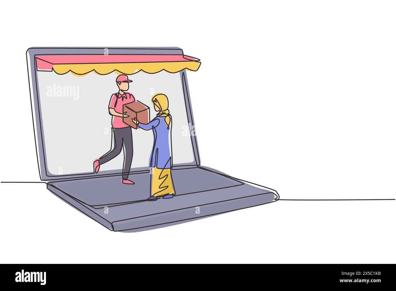 Continuous one line drawing courier comes out of giant laptop screen ...