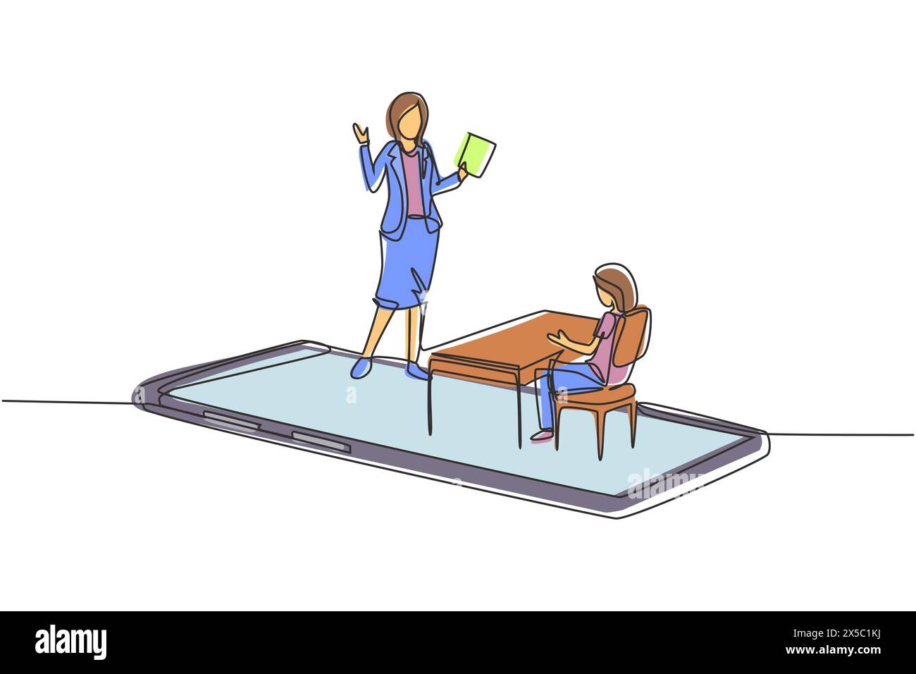 Single continuous line drawing female teacher teaching female junior ...