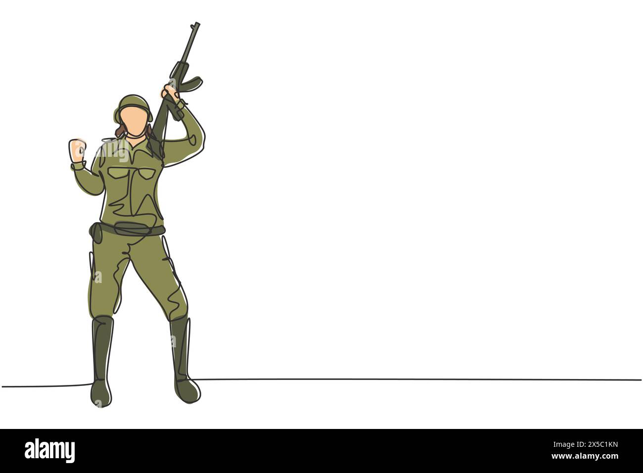 Single one line drawing female soldier stands with celebrate gesture ...