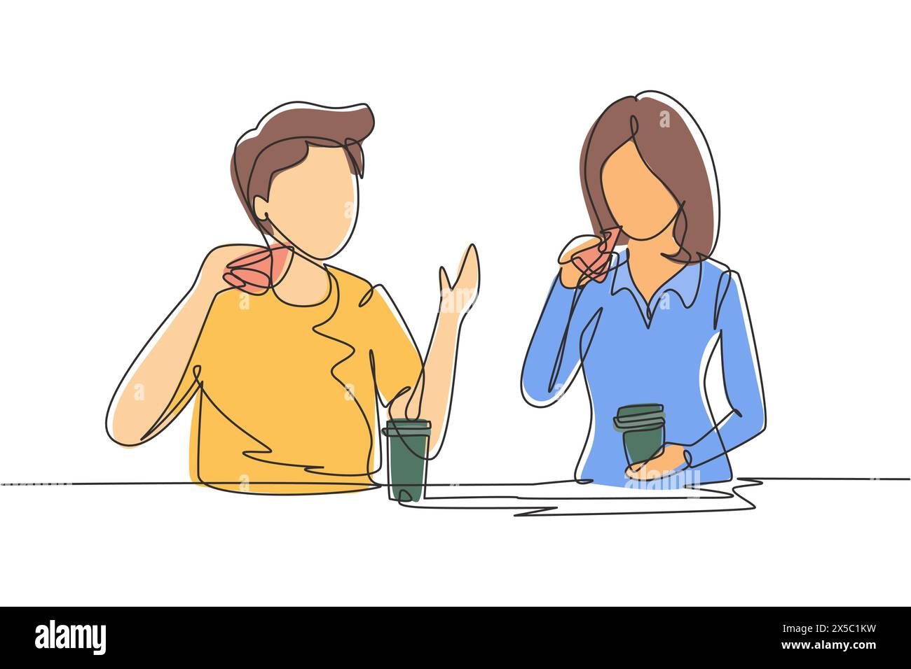 Continuous one line drawing young couple having hamburger meal around ...