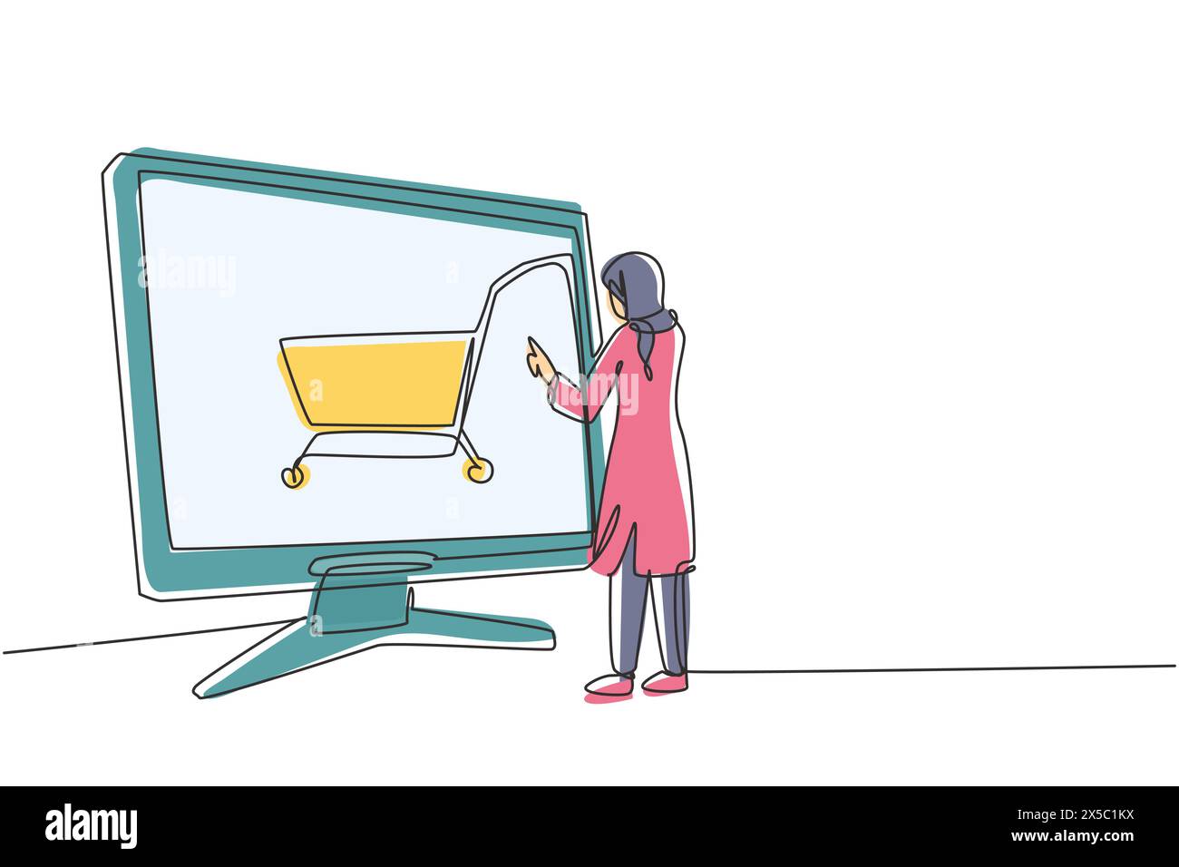 Single continuous line drawing young Arabian woman shopping through ...