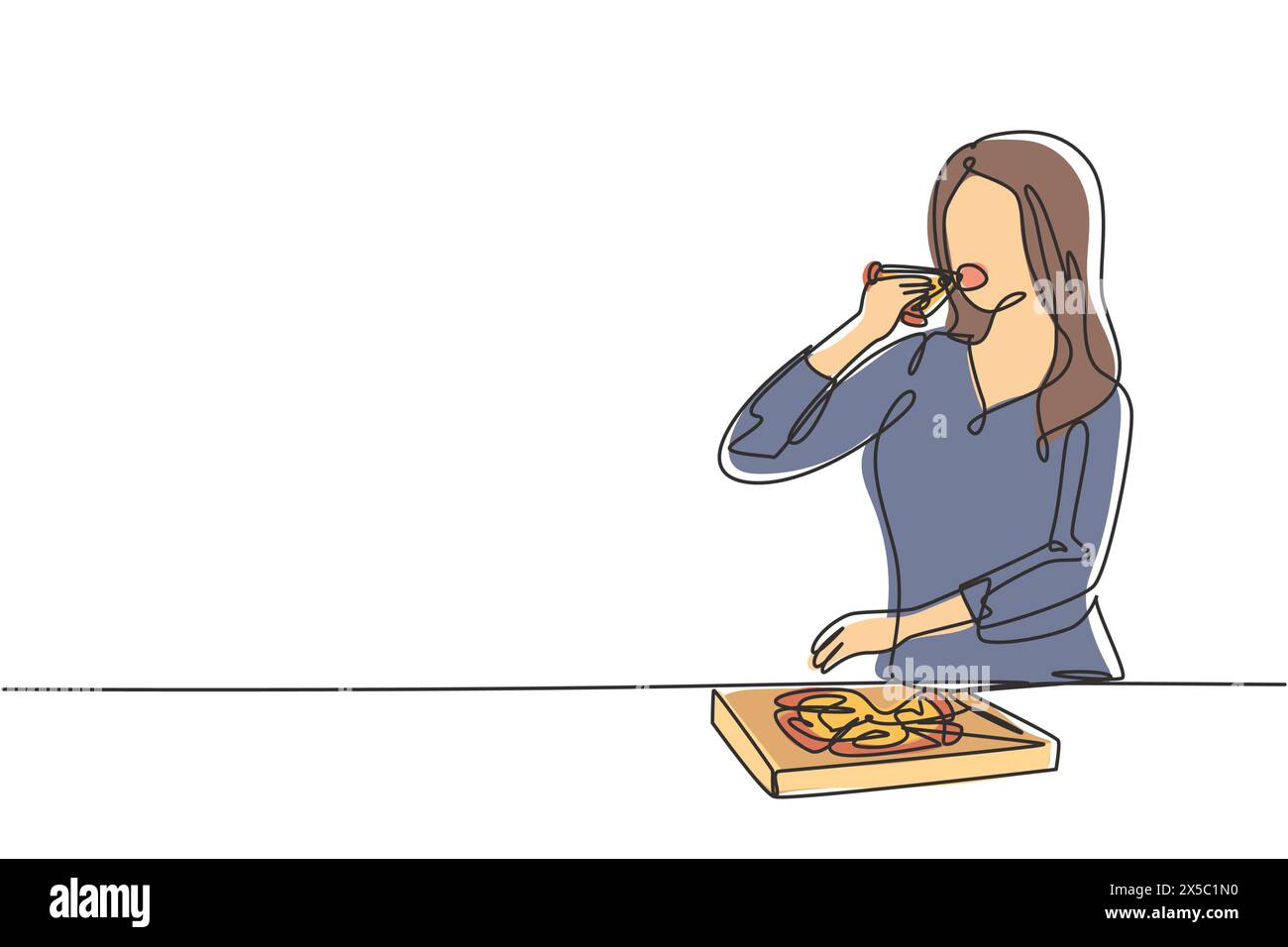 Single one line drawing young woman having spaghetti meal with fork ...