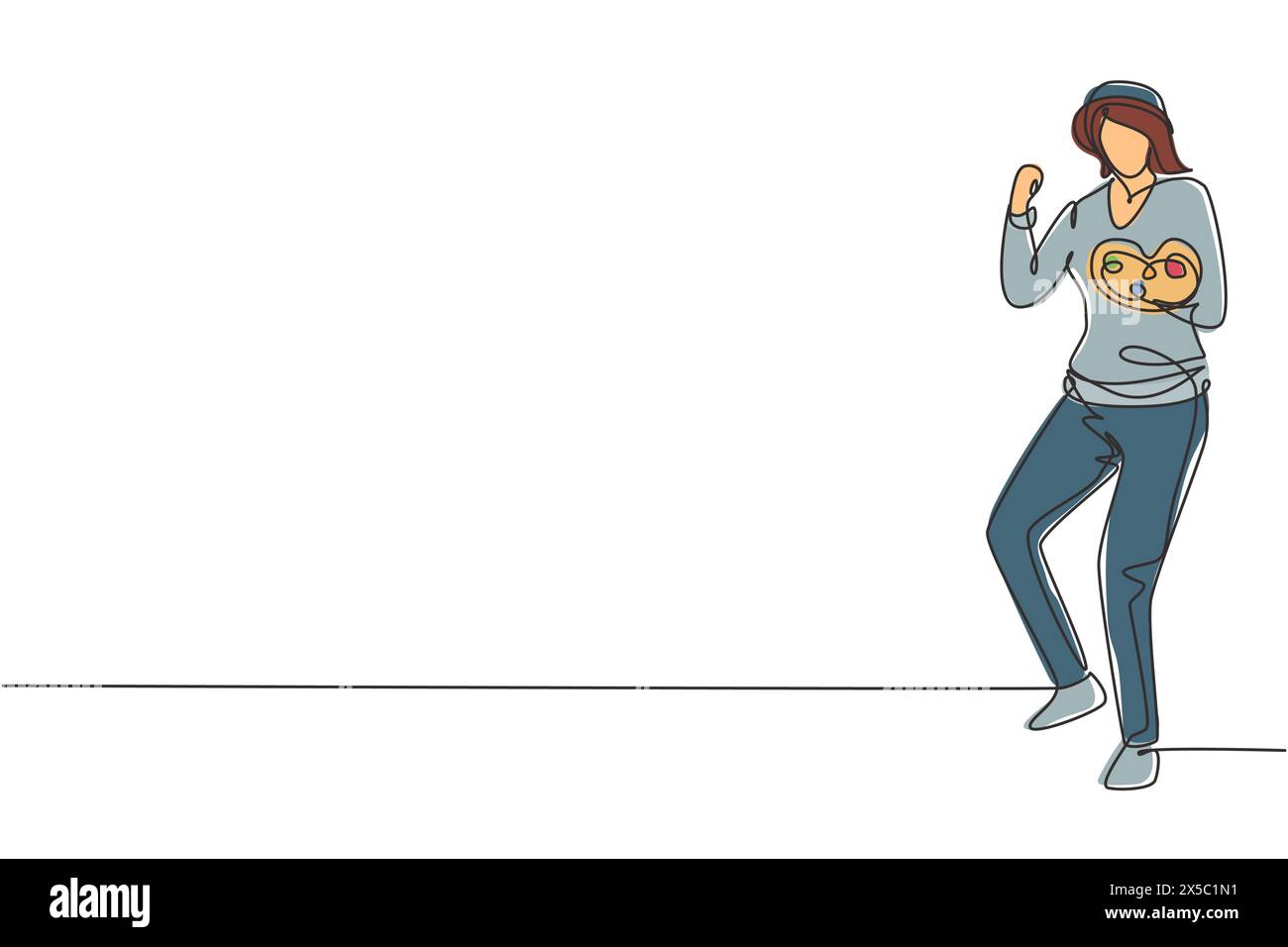 Continuous one line drawing female painter stands with celebrate ...