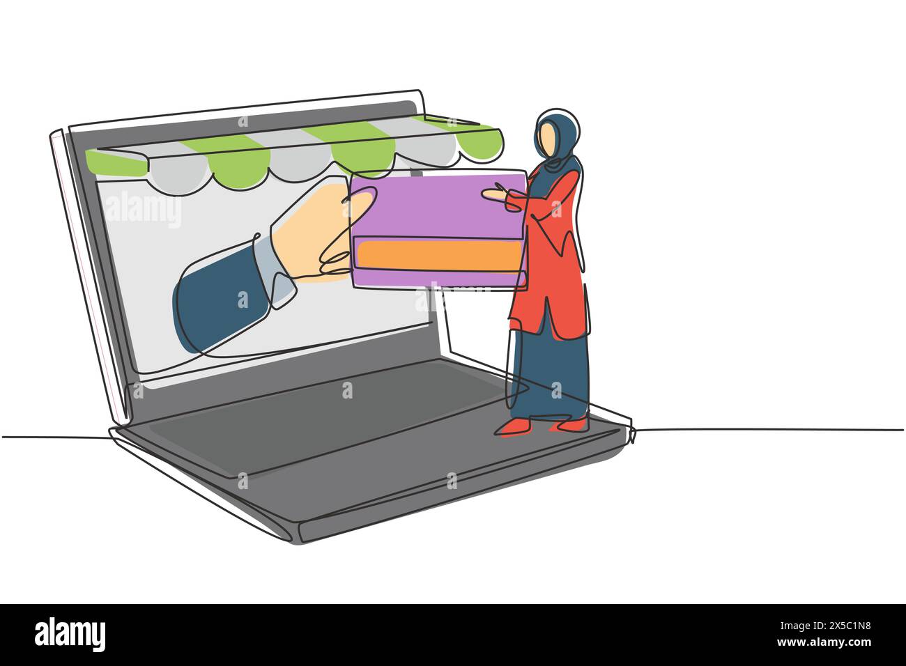 Continuous one line drawing young Arabian woman inserting credit card ...