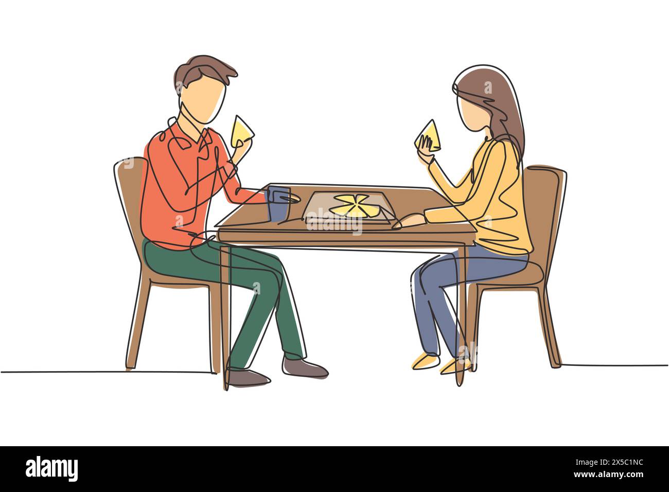 Single one line drawing young couple husband and wife having meal ...