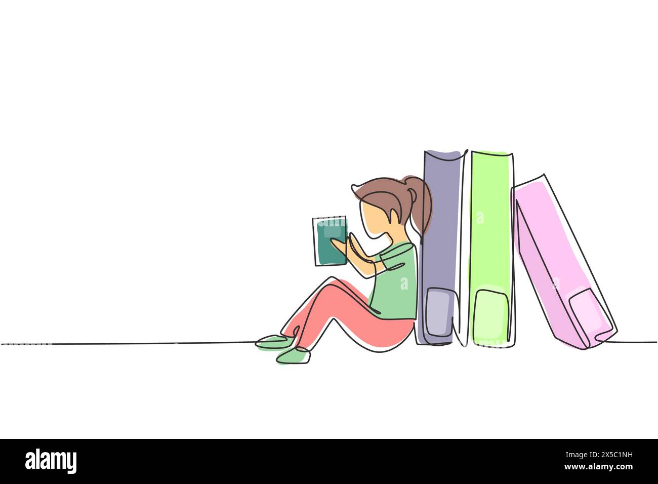 Single one line drawing little girl reading, learning and backrest on ...