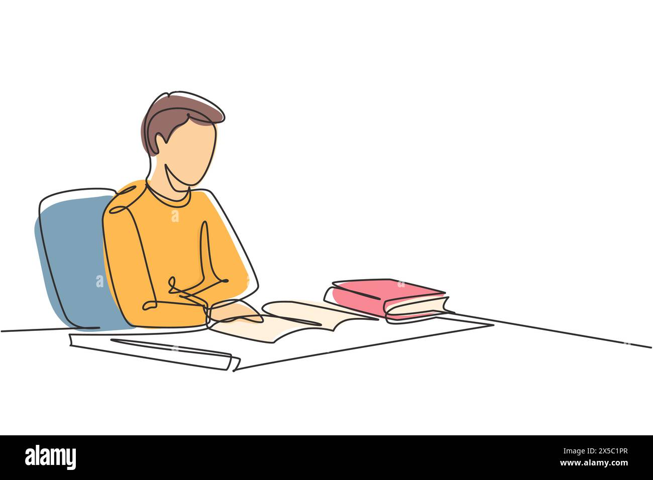 Single one line drawing young man reading, learning and sitting on ...