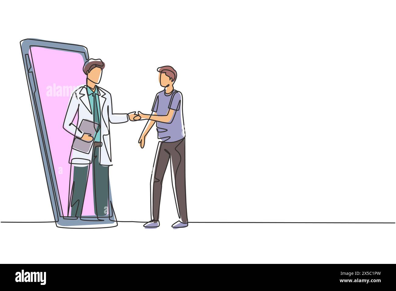 Single one line drawing male patient shaking hands with male doctor in ...