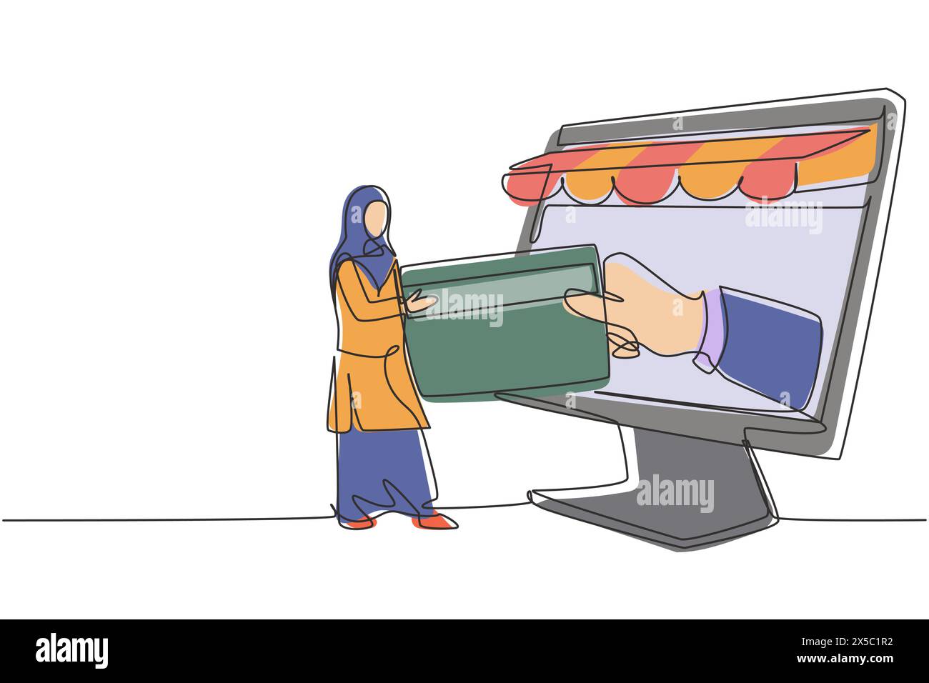 Single continuous line drawing Arab woman inserting credit card into ...