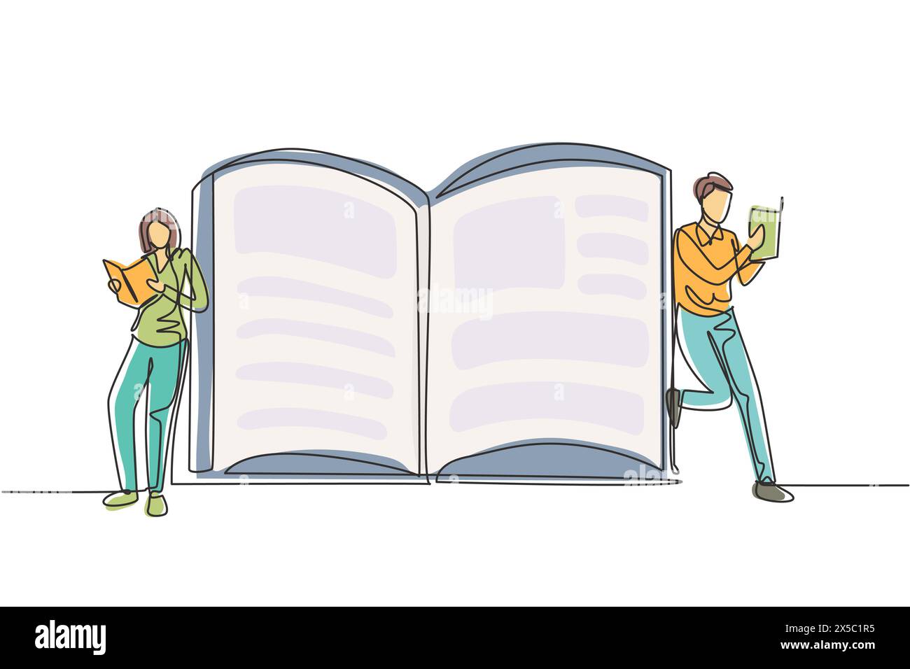 Single one line drawing students woman and man reading, learning and ...