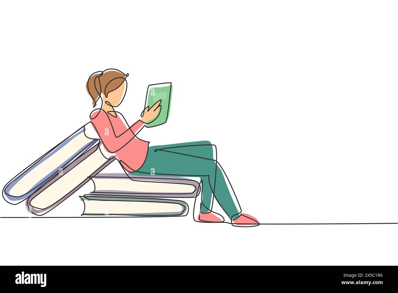 Single continuous line drawing young female reading, learning and ...