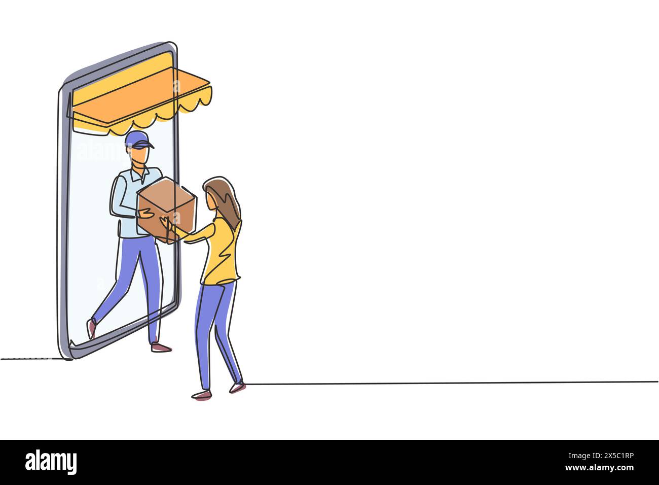 Single continuous line drawing male courier comes out of a giant ...