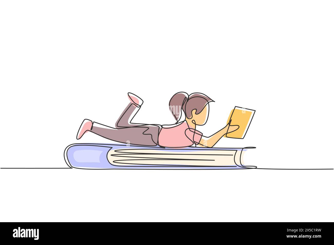Continuous one line drawing little girl reading, learning and laying ...