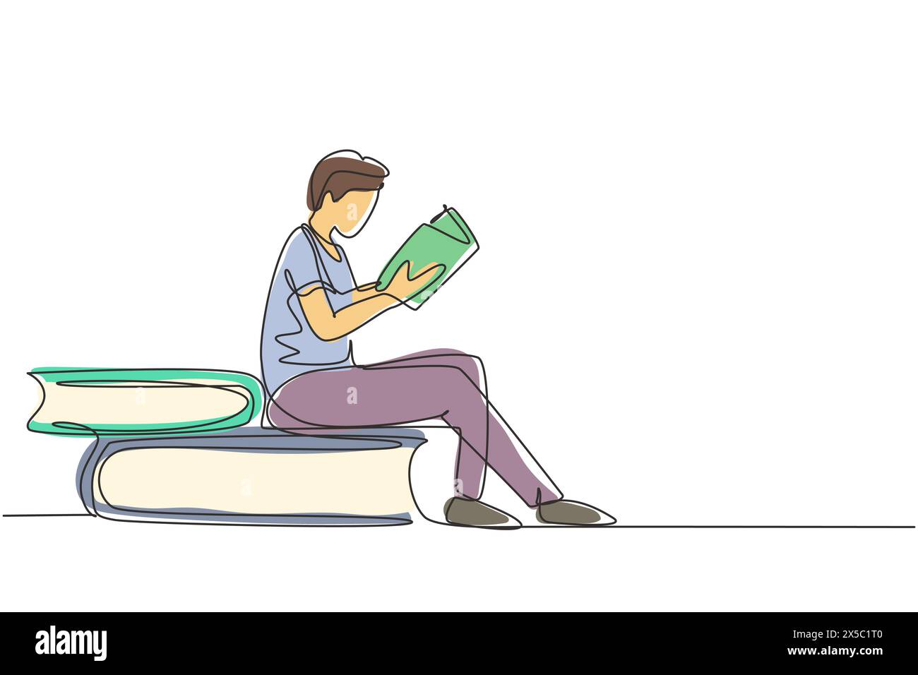 Continuous one line drawing young man reading, learning and sitting on ...