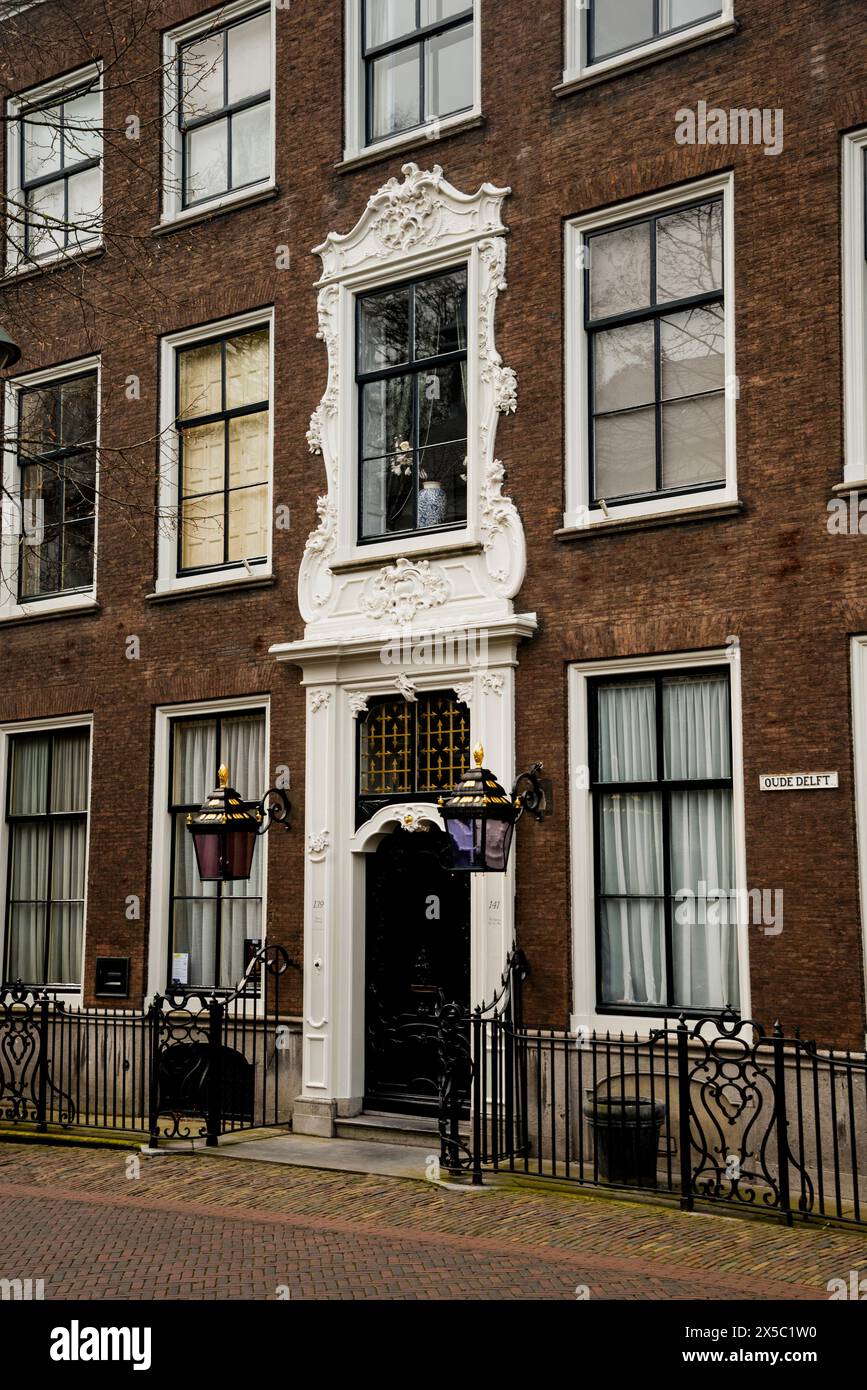 Dutch architectural window overlooking a canal in Delft, Netherlands ...