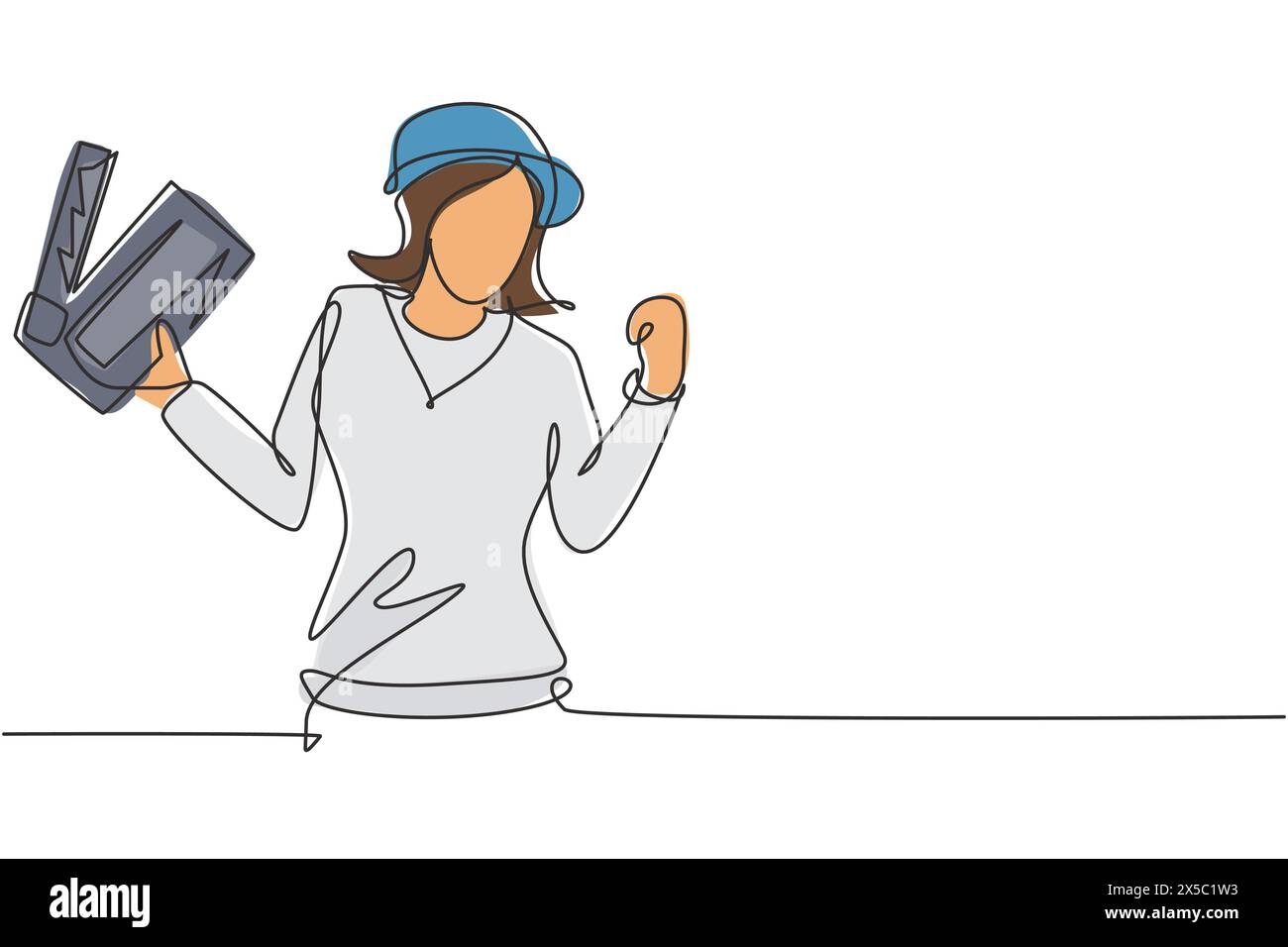 Single one line drawing female film director with celebrate gesture ...