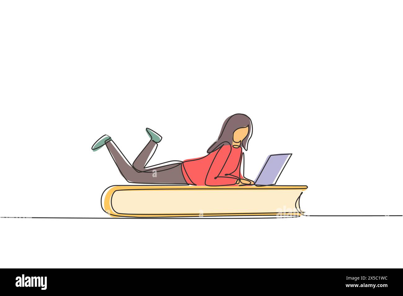 Single one line drawing young female with laptop laying down on big ...