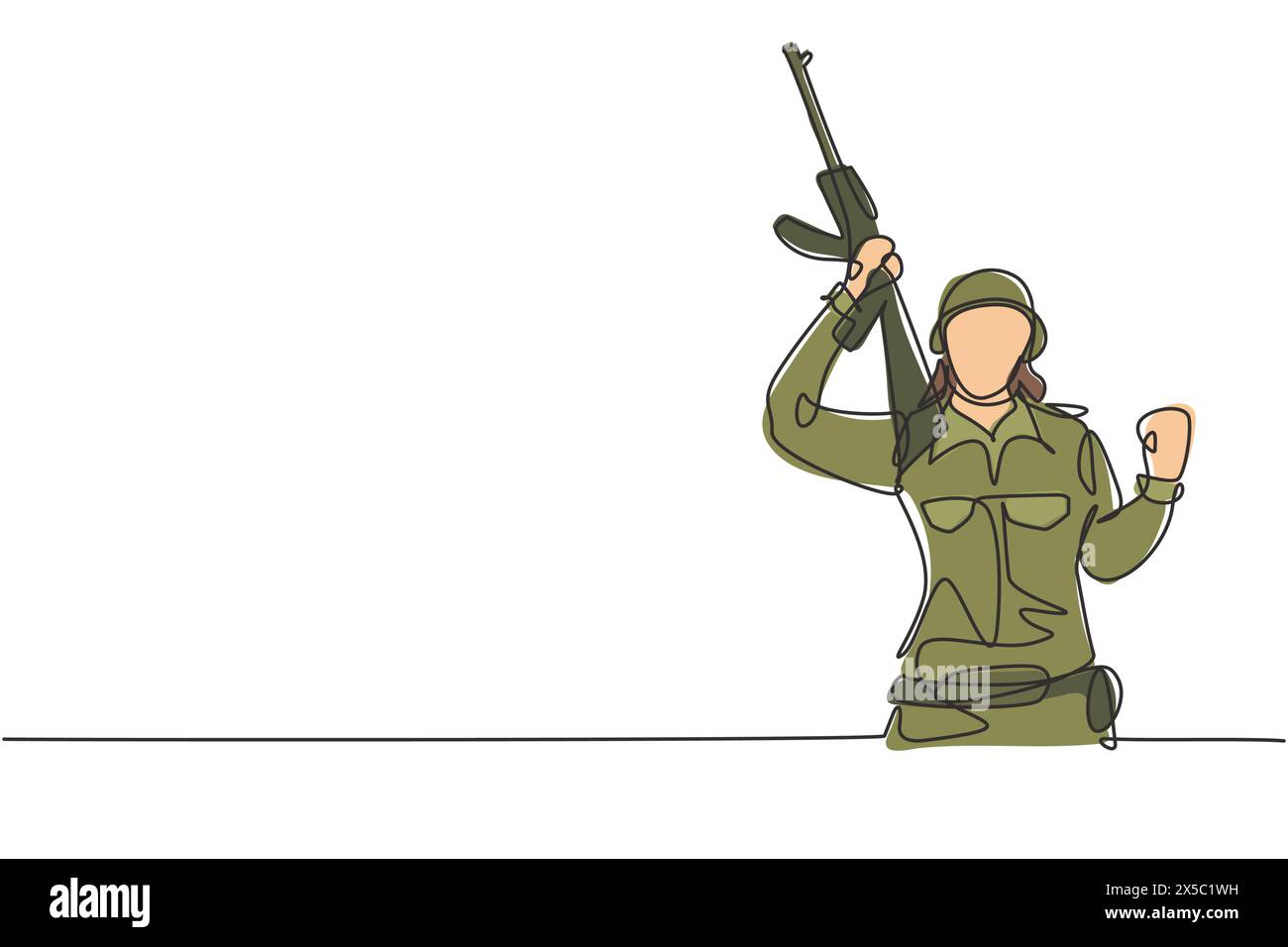 Single continuous line drawing female soldier with celebrate gesture ...