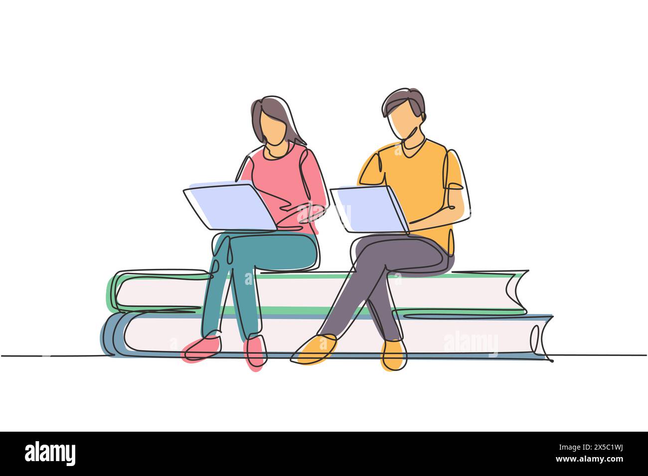 Single one line drawing couple with laptop sitting on pile of books ...