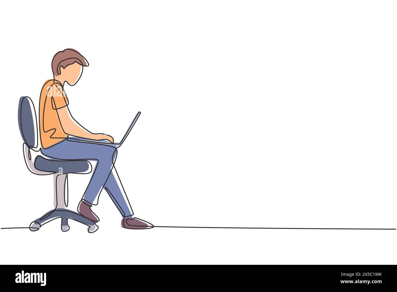Single continuous line drawing young man with laptop sitting on the ...