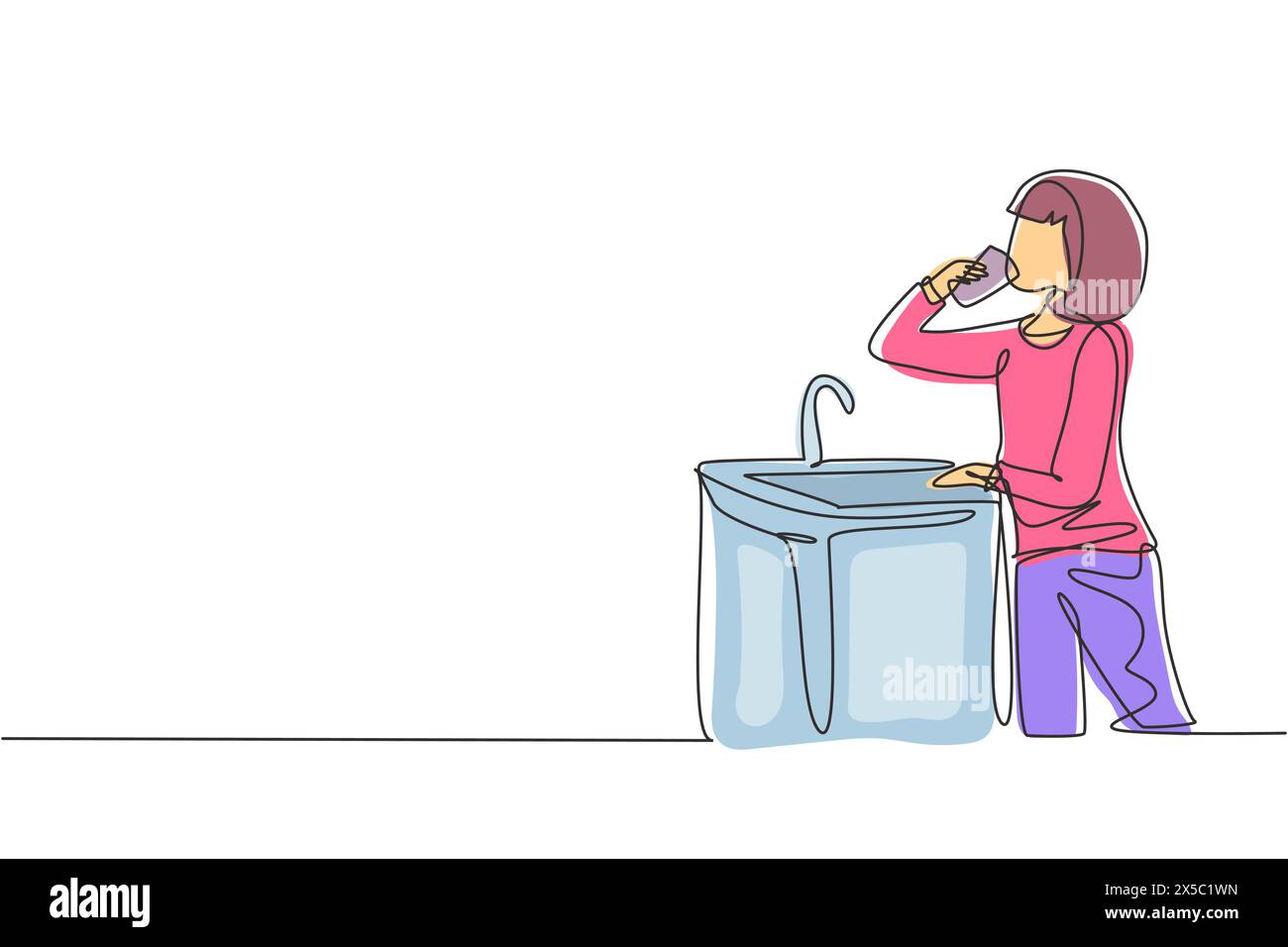 Single one line drawing girl drinking water from ready-to-drink faucet ...