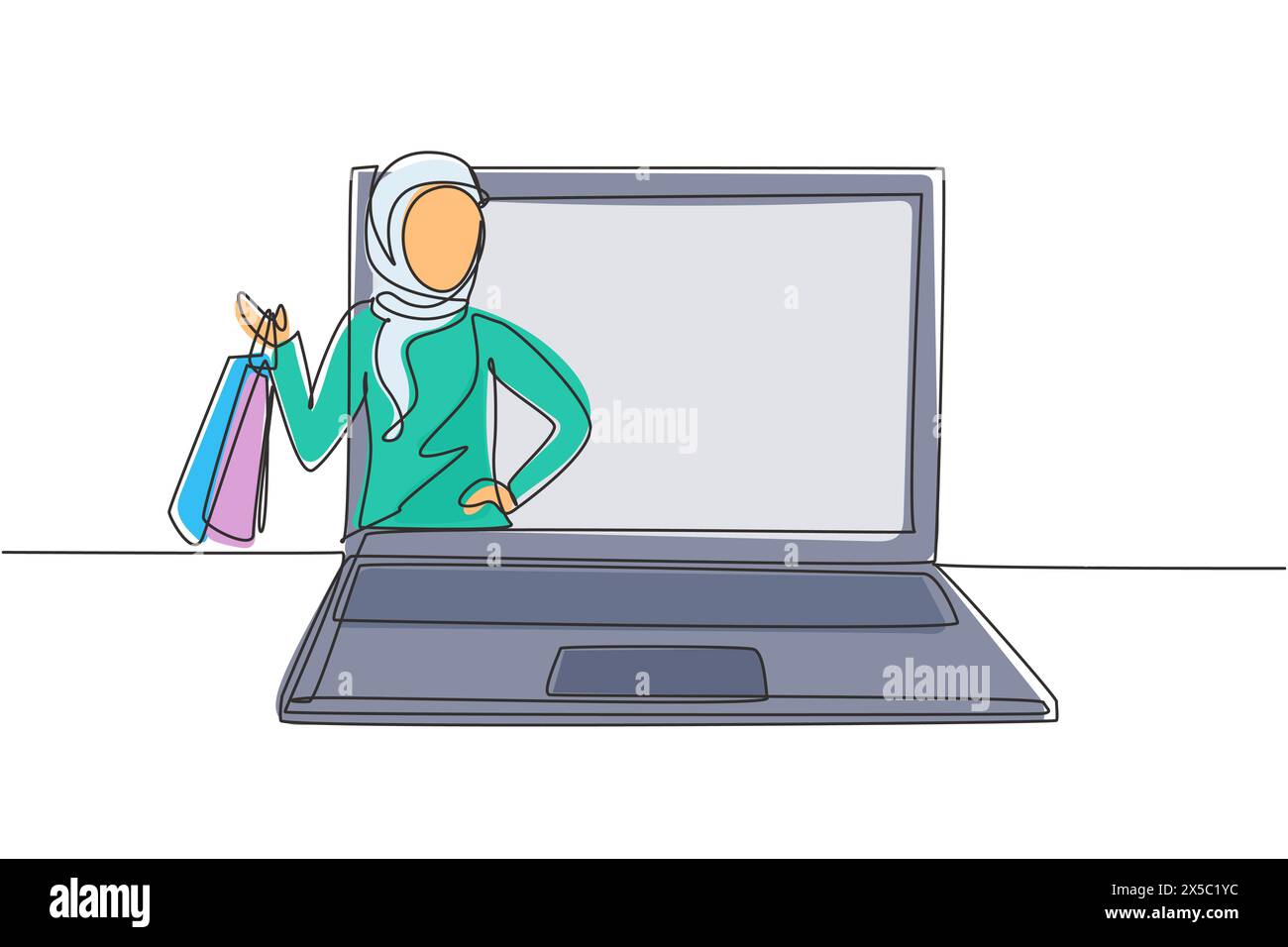 Single one line drawing young Arabian woman coming out of laptop screen ...
