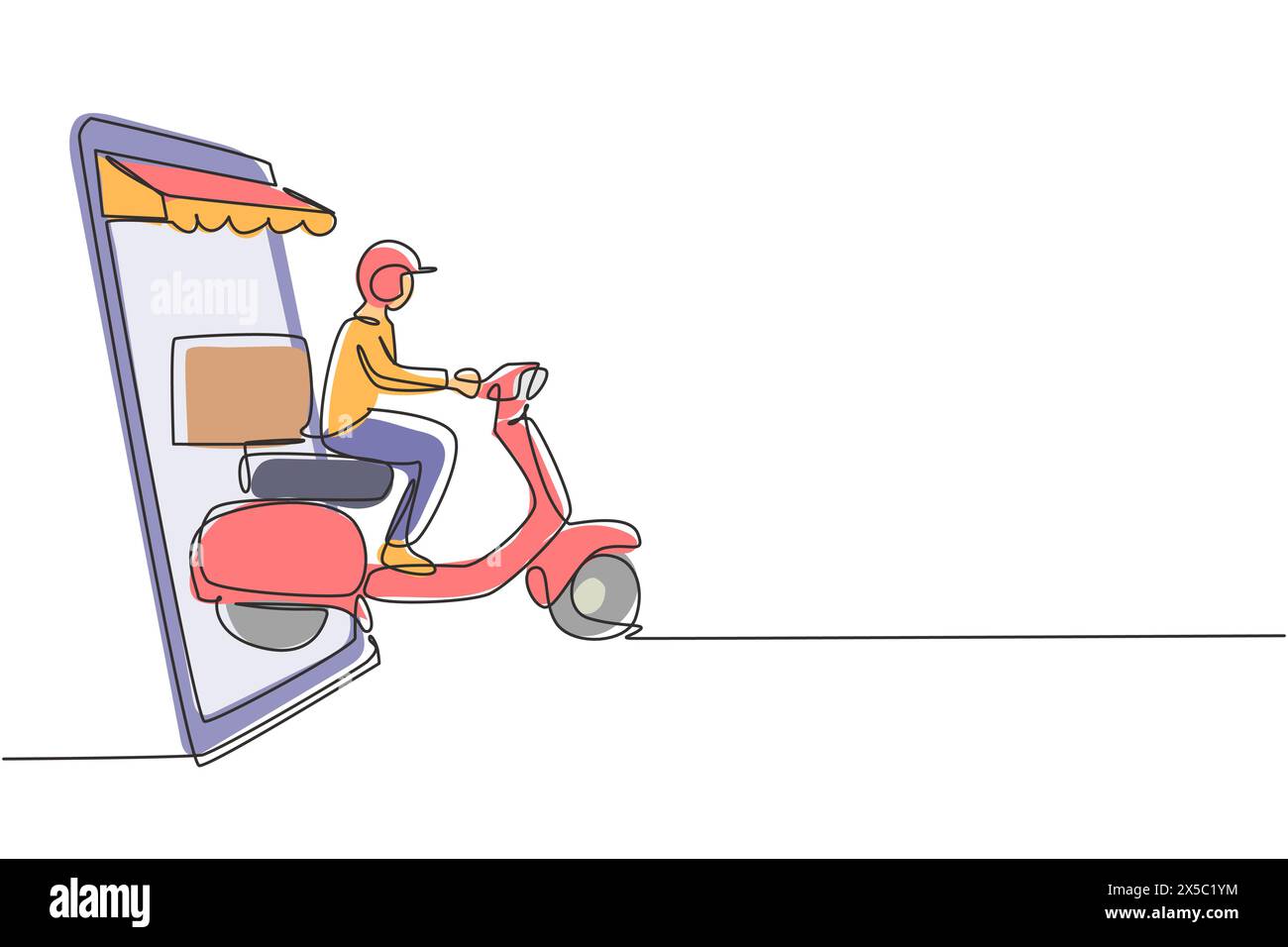 Continuous one line drawing courier riding scooter carrying package box ...