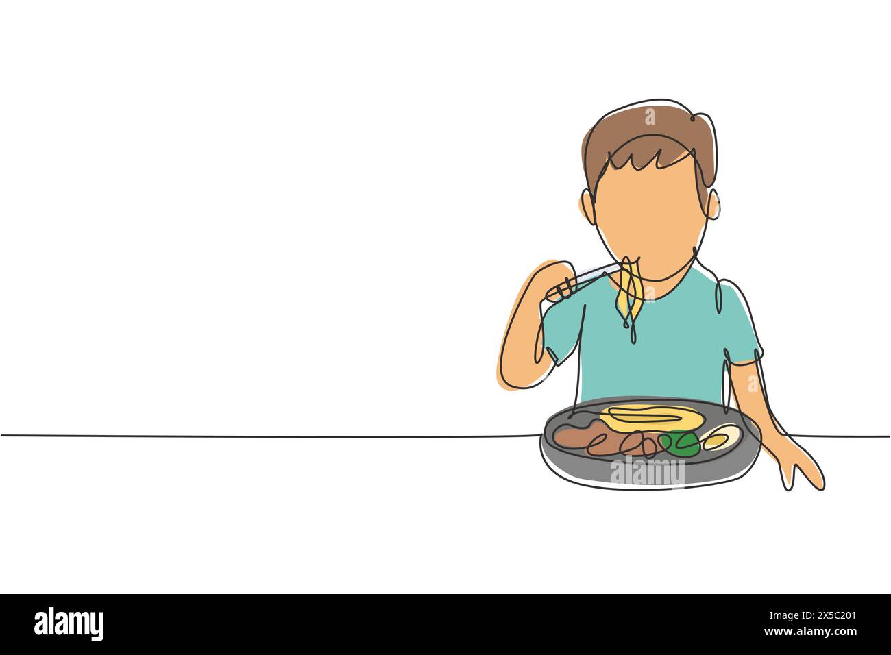 Single continuous line drawing boy having spaghetti meal with chopsticks around table. Enjoy ...
