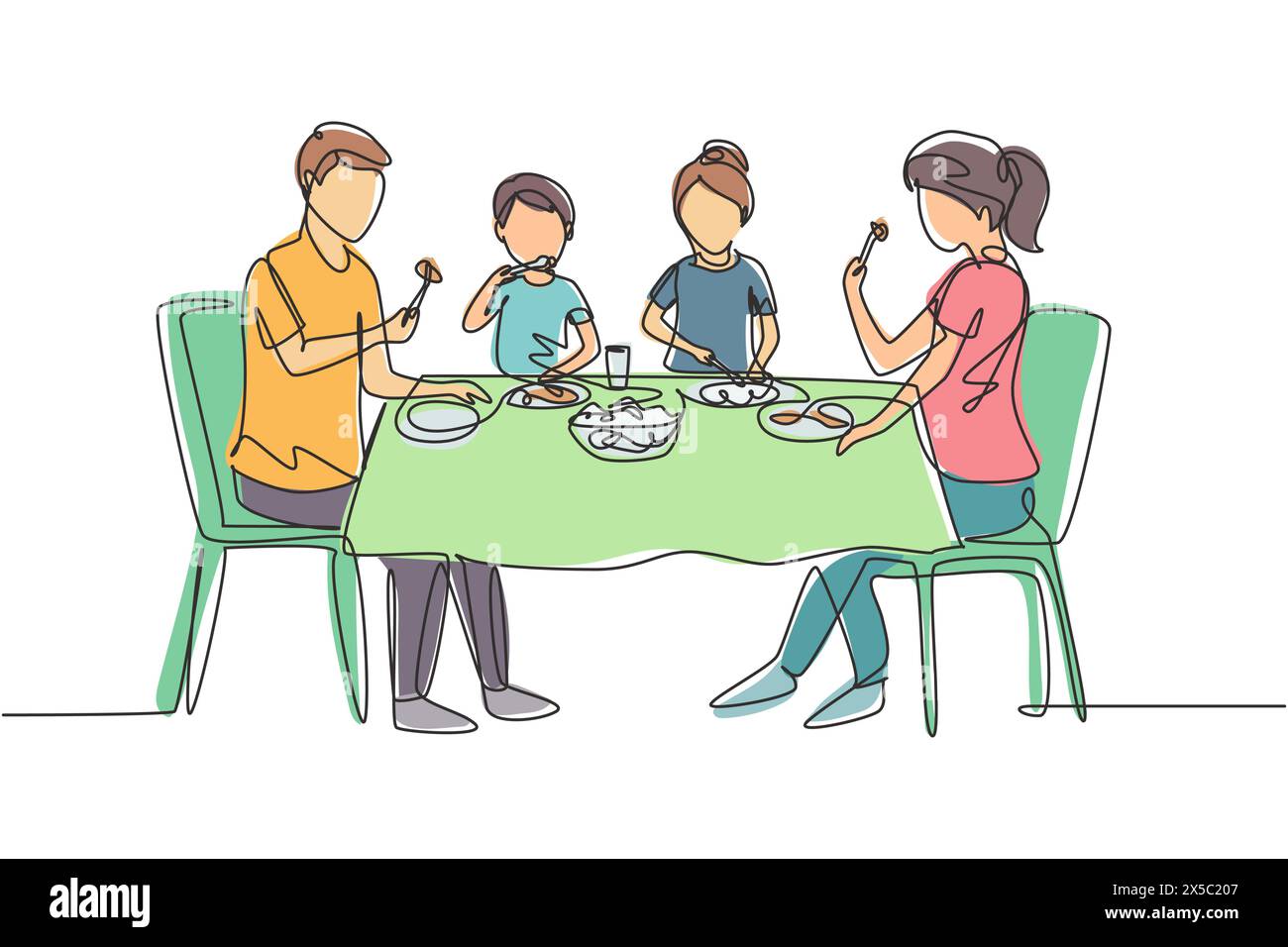 Continuous one line drawing diner parents and children together. Family having meal around ...