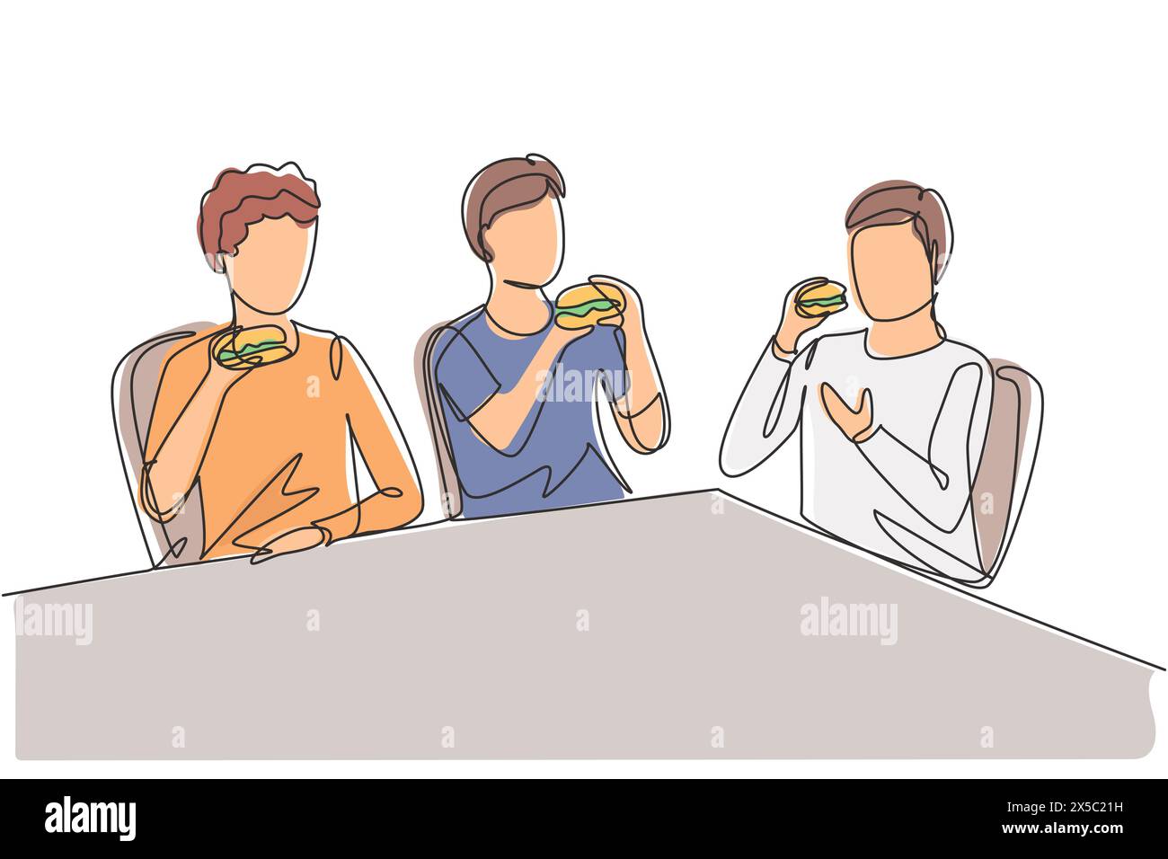 Single continuous line drawing young fun and smiling men together ...