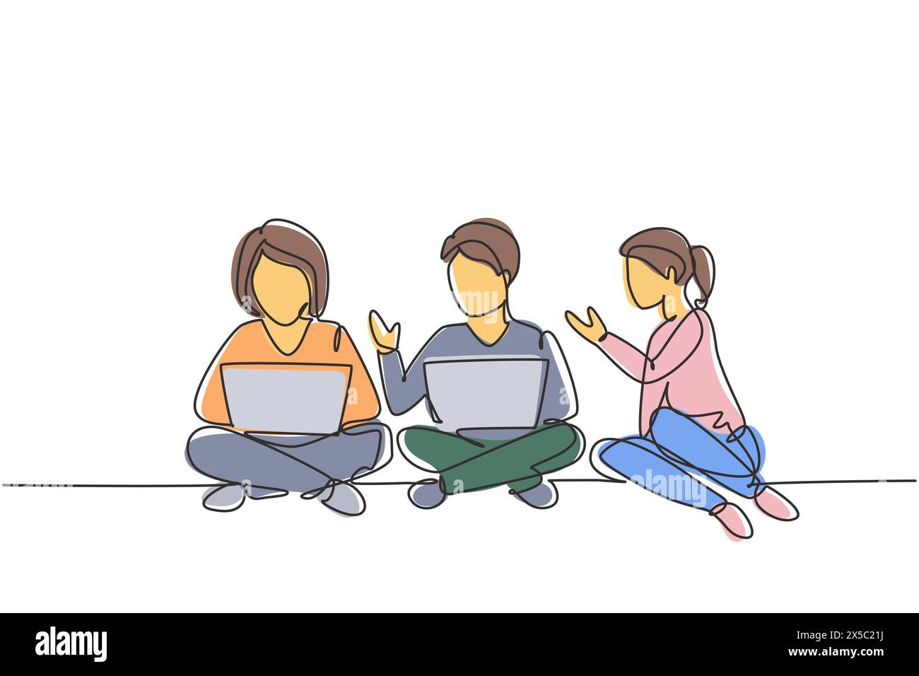 Single continuous line drawing three students studying with laptop and ...