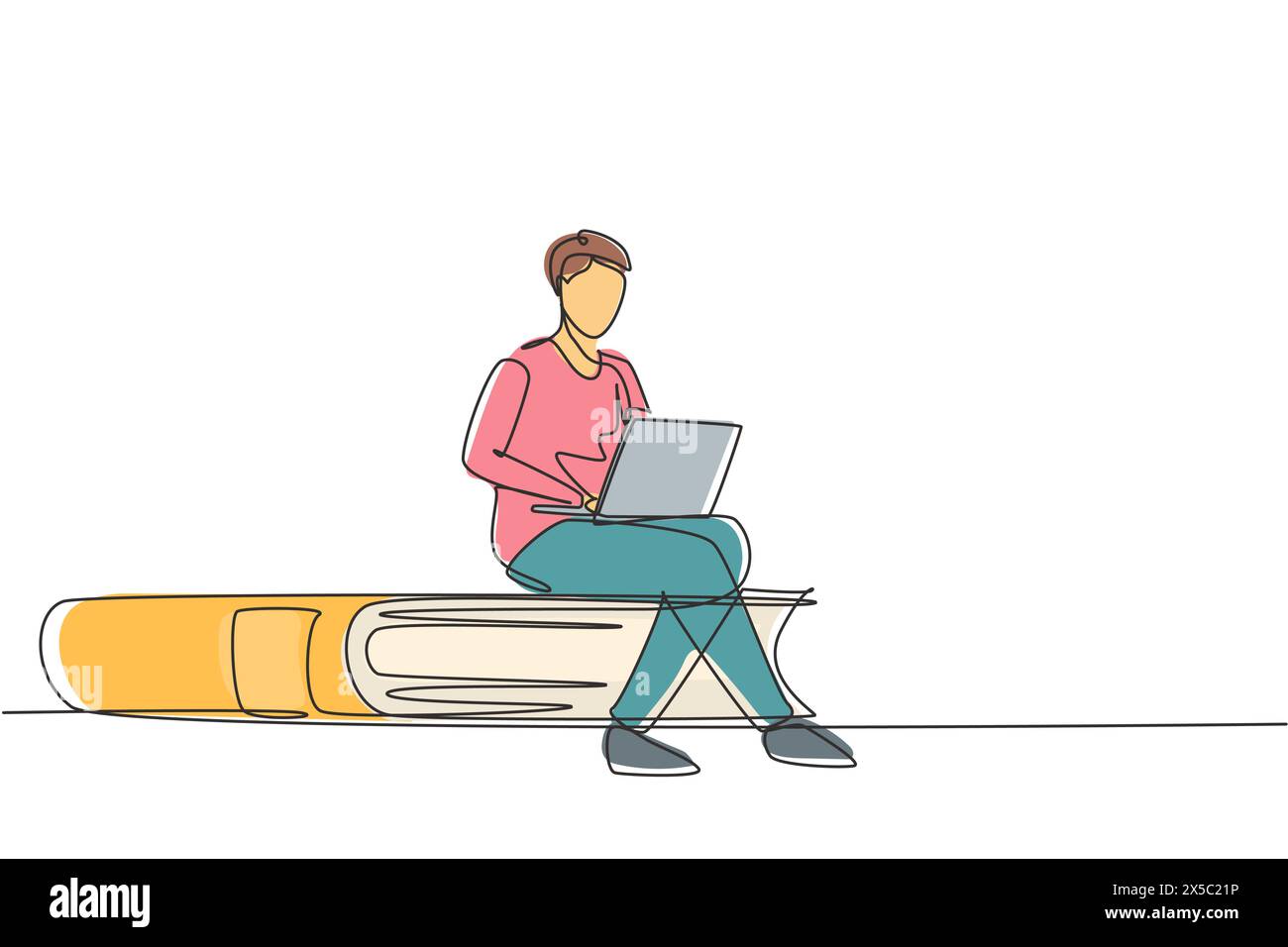 Single continuous line drawing young man studying with laptop and ...