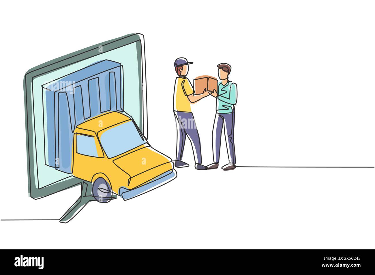 Single one line drawing delivery box car comes out partly from giant ...