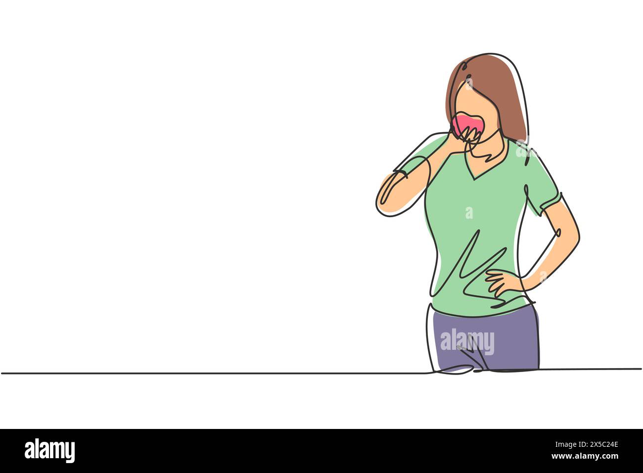 Single continuous line drawing young female having bakery meal with ...