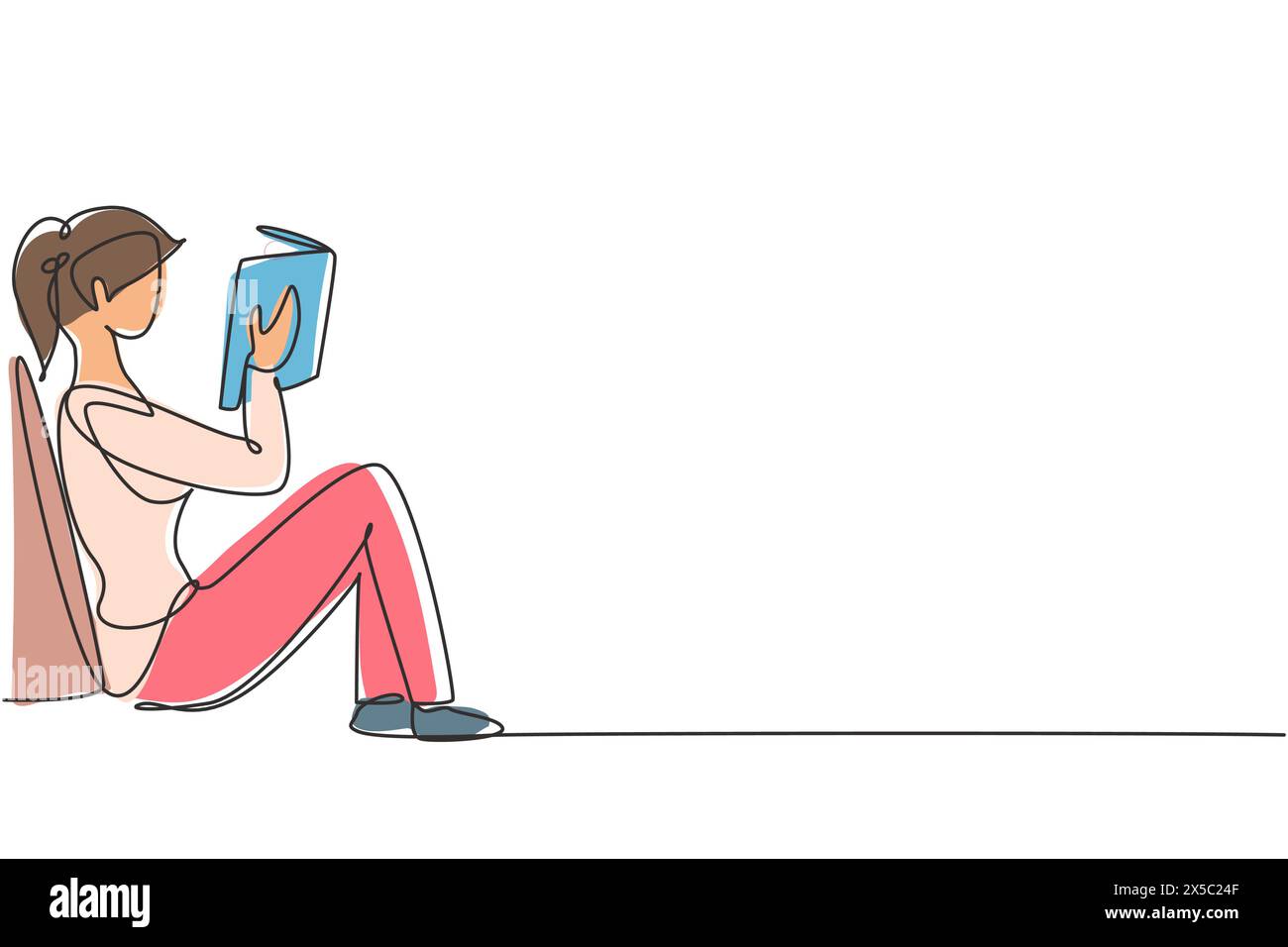 Single continuous line drawing young female reading, learning and ...