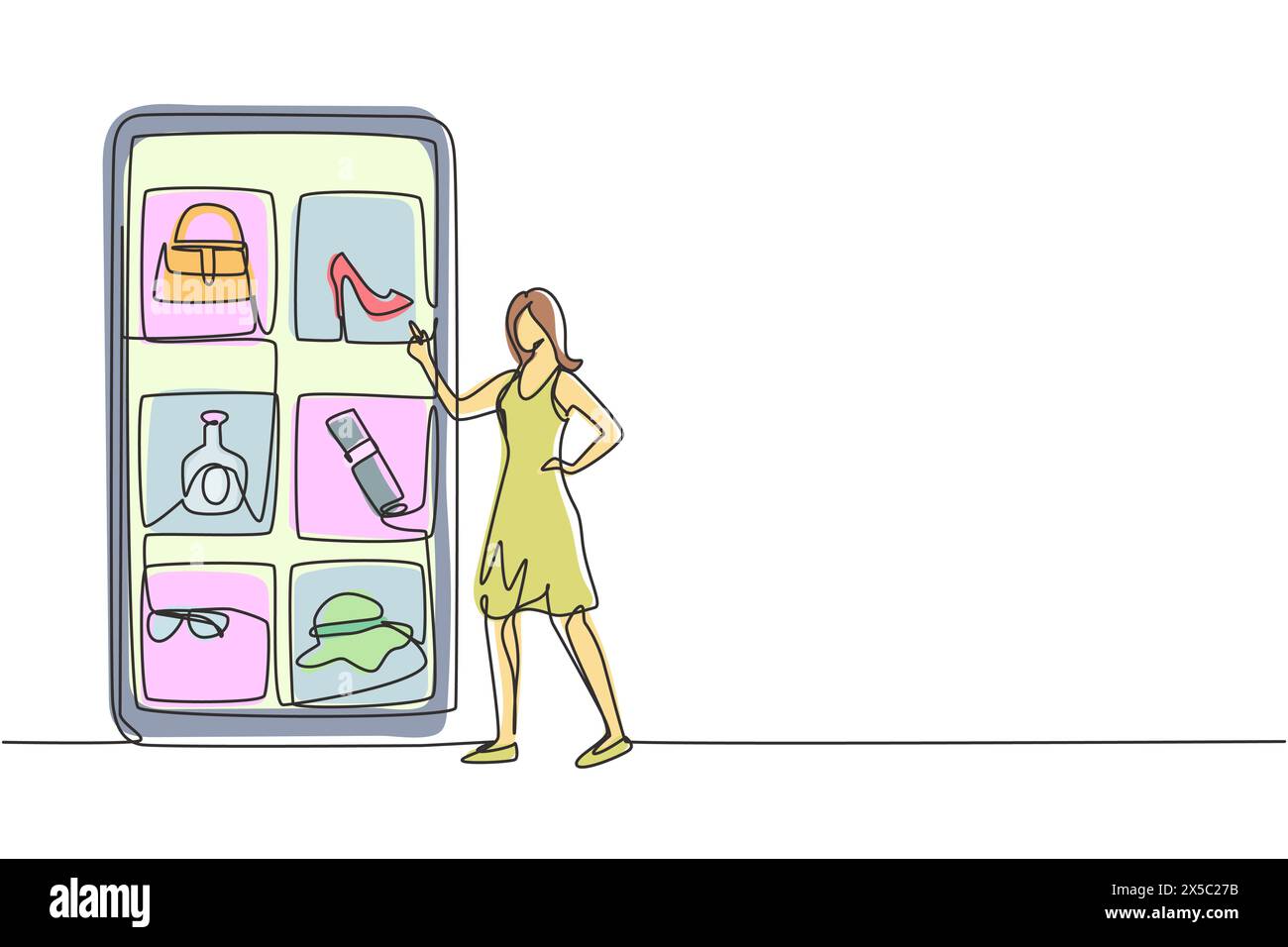 Single continuous line drawing young woman choosing shopping items on a ...