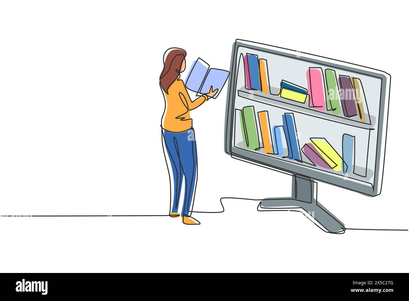 Continuous one line drawing female student reading book while standing ...