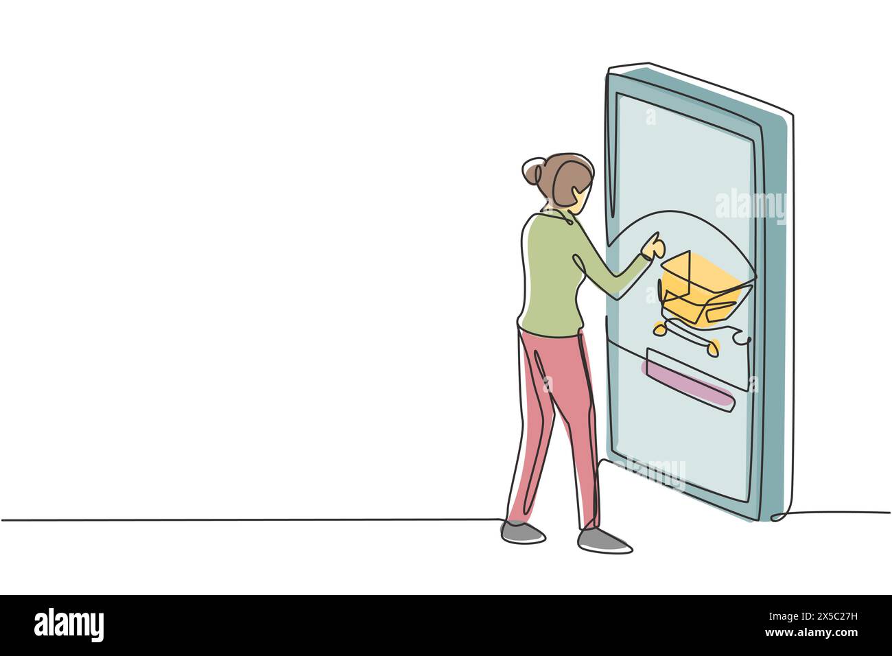 Continuous one line drawing young woman shopping online via giant ...