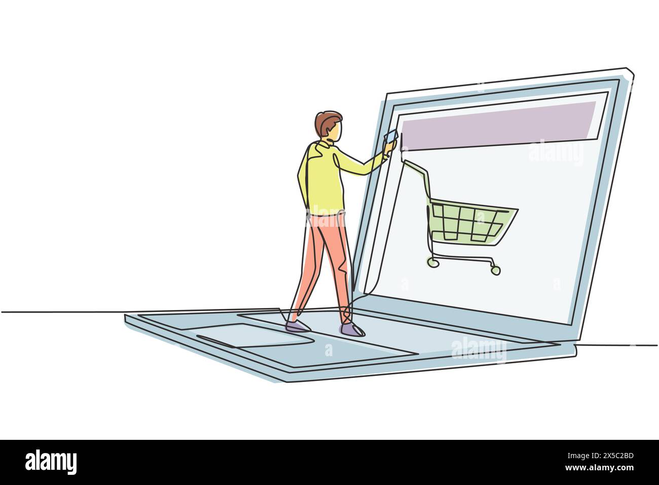 Single continuous line drawing young male shopping online via giant ...