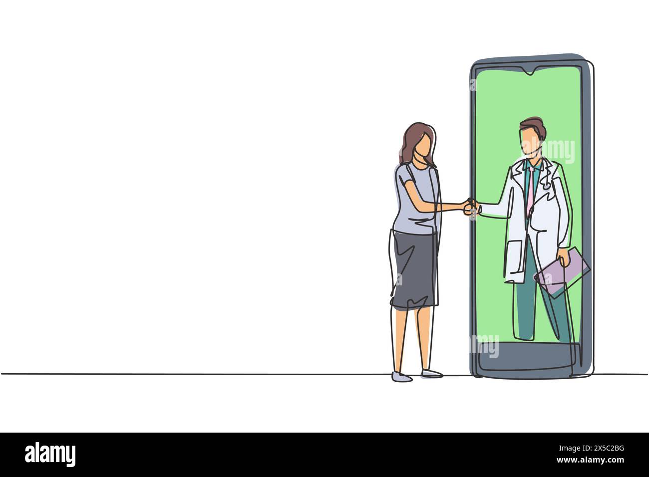 Continuous one line drawing female patient shaking hands with male ...