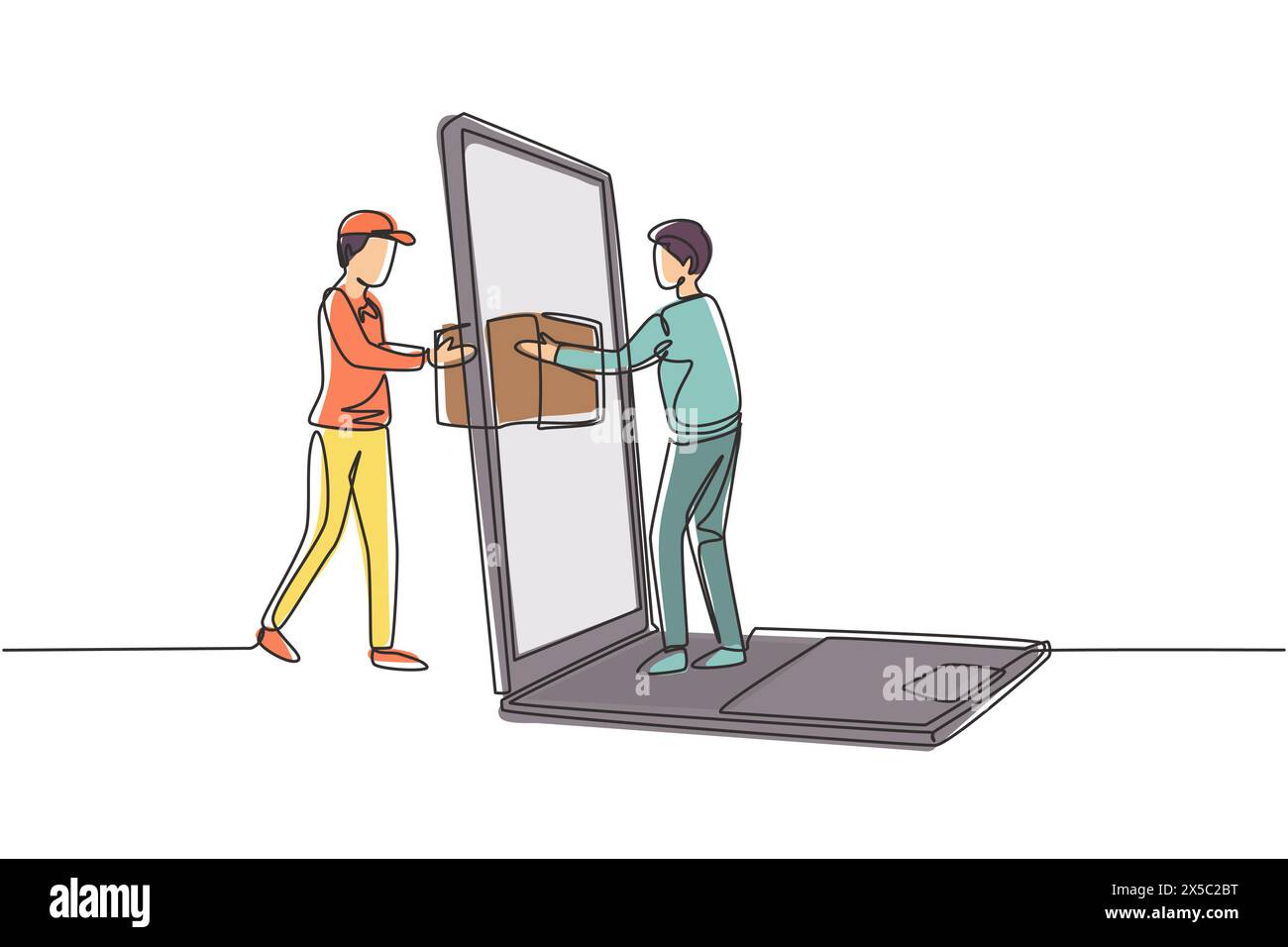 Single continuous line drawing male courier delivers box package ...