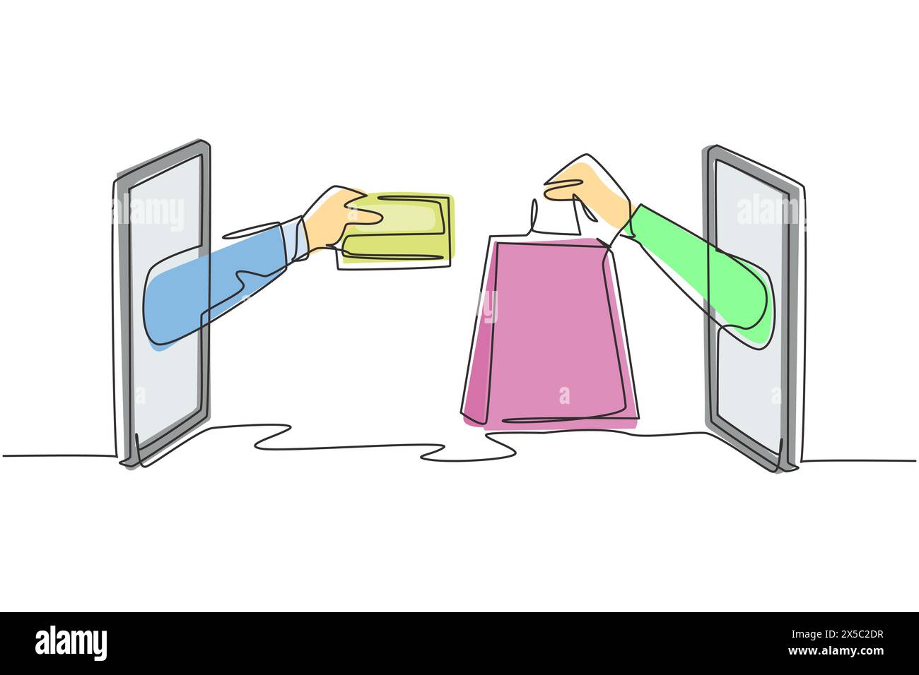 Single one line drawing two hands out of smartphone screen to exchange ...