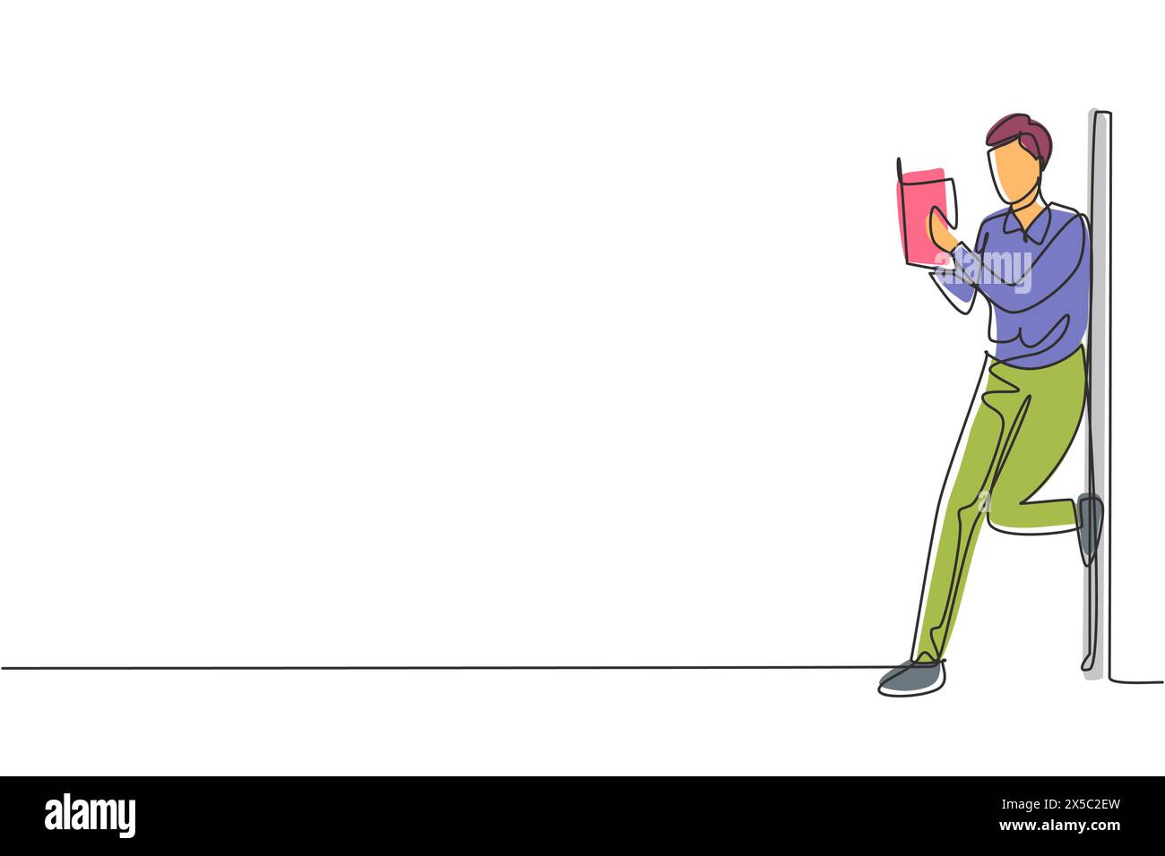 Single continuous line drawing young man reading, learning and standing ...