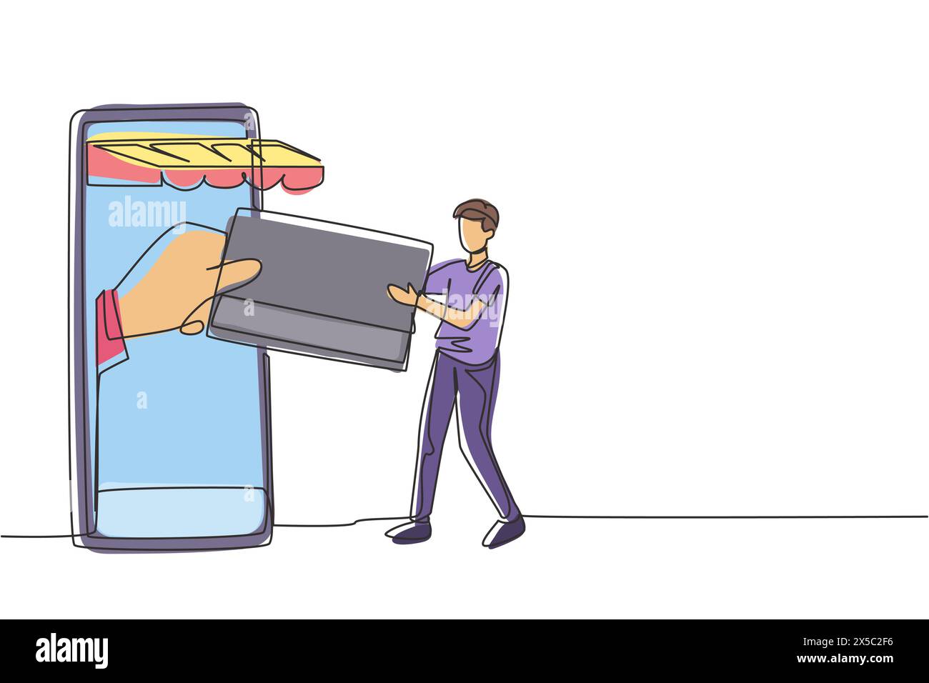 Single continuous line drawing young man inserting credit card into ...