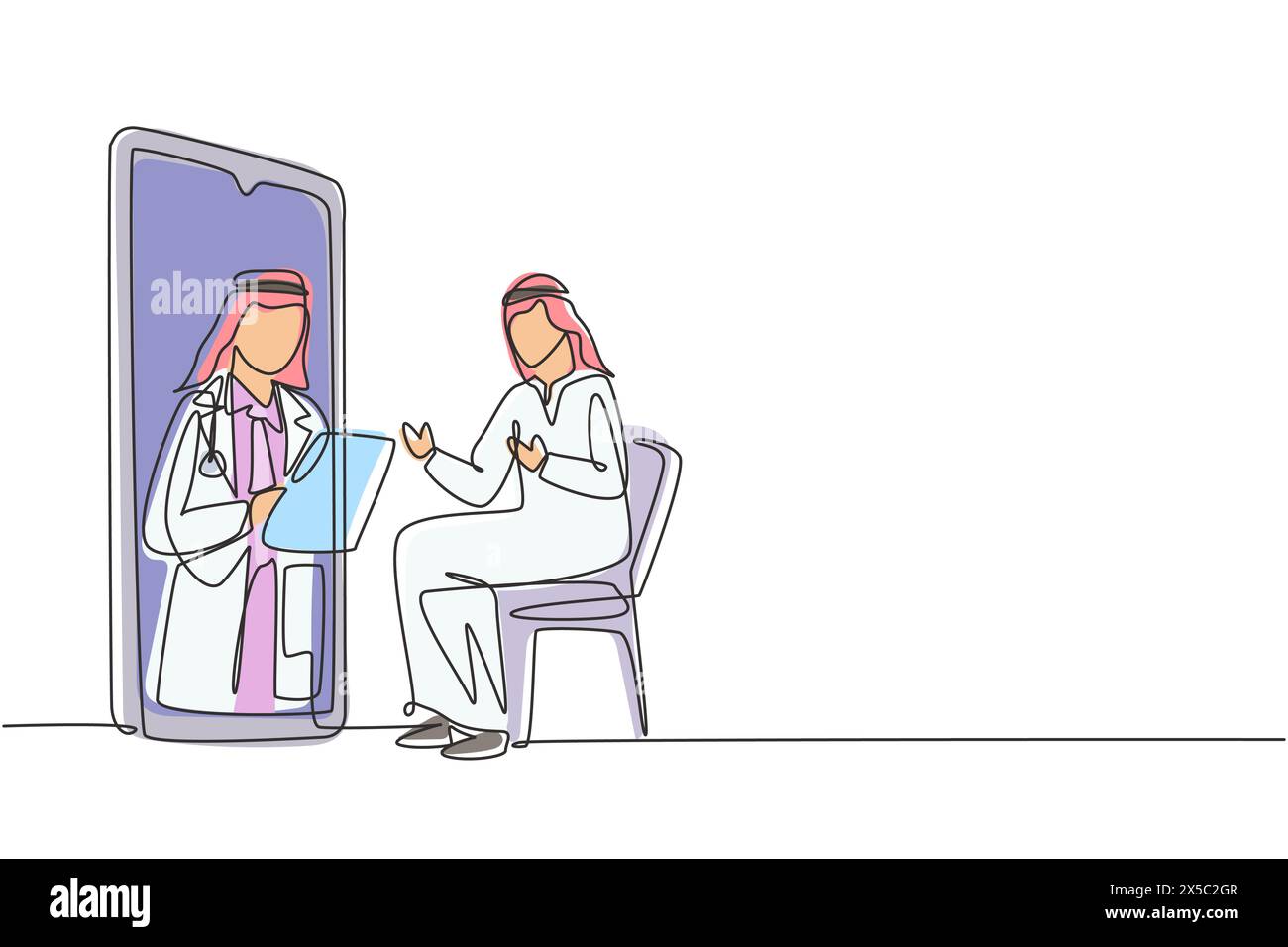 Single continuous line drawing Arabian male doctor holding clipboard ...