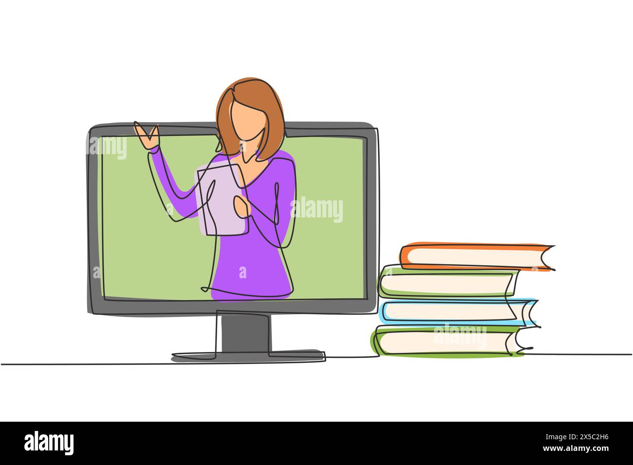 Single continuous line drawing female teacher is teaching, half of her ...