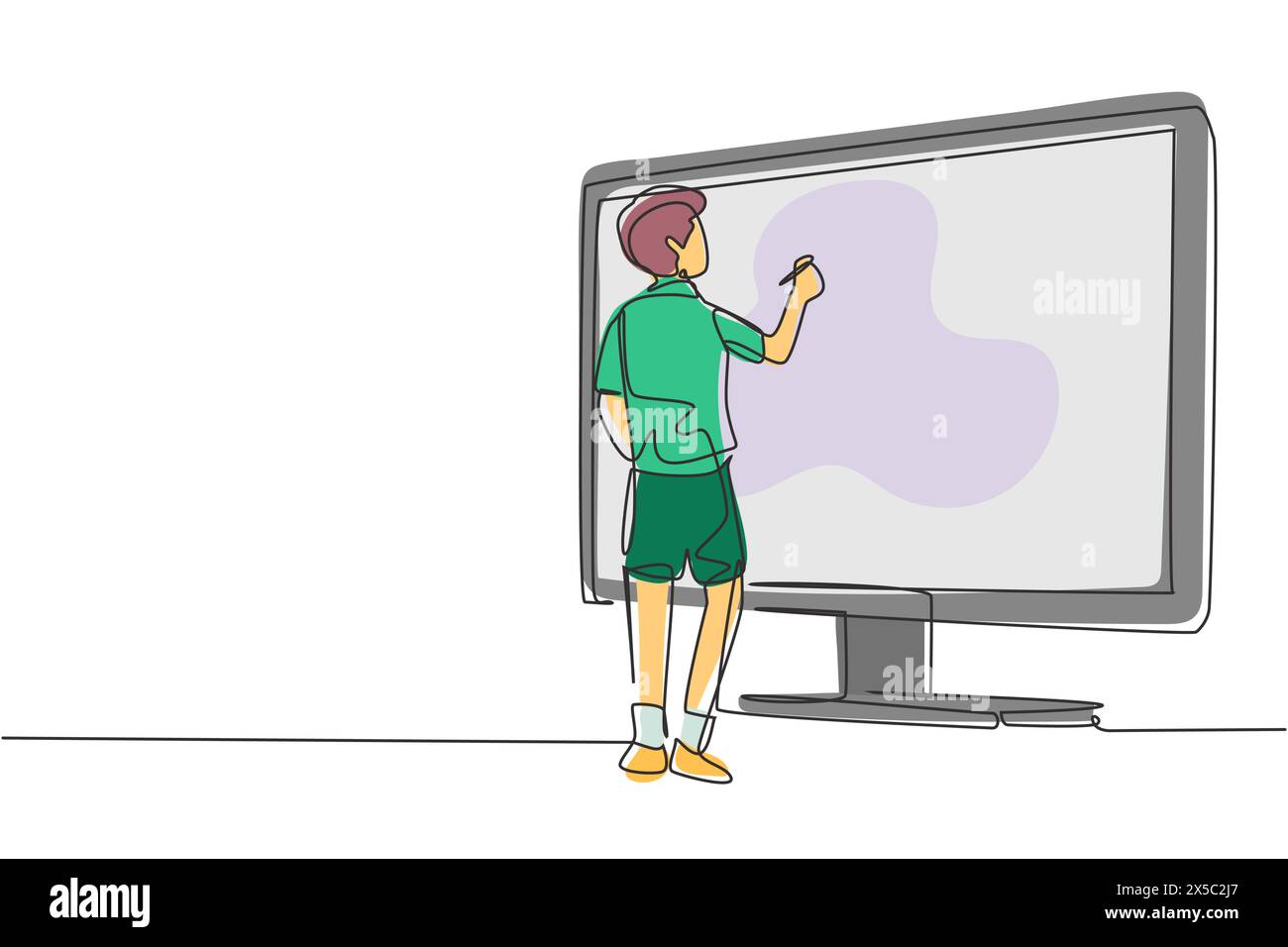 Single continuous line drawing male junior high school student writing ...